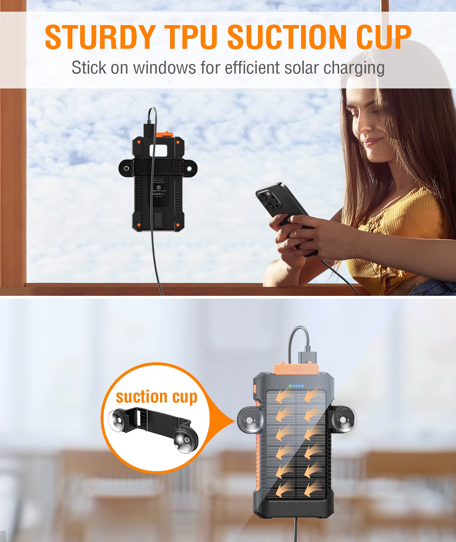 MetFut 2-Pack Solar Power Bank 38800mAh, Solar Charger with Suction Cup Mount Three Modes Flashlight-Steady/SOS/Strobe IPX7 Waterproof External Battery Pack 3 USB Charging Ports(blue+orange)