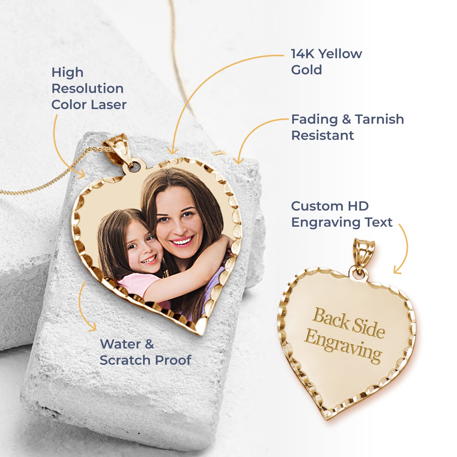 PicturesOnGold Personalized Photo Engraved Heart Shaped Picture Necklace with Diamond Cut Edge - 1 Inch x 1 Inch - 14k Yellow Gold w/Backside Engraving