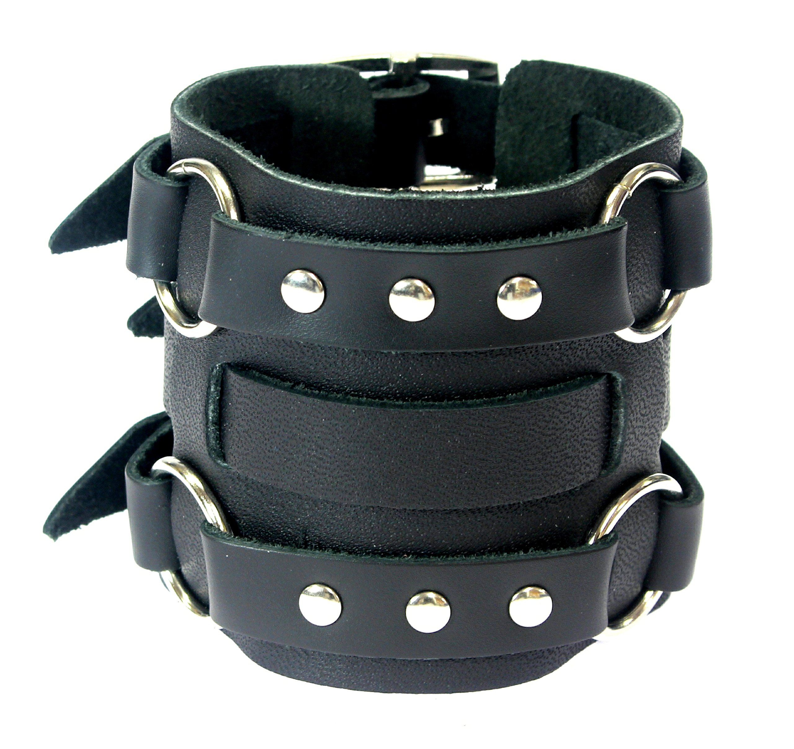 Neptune Giftware Wide Triple Strap Leather Cuff Wrap Gothic Wristband Bracelet With Buckle Fastening - BLACK LEATHER