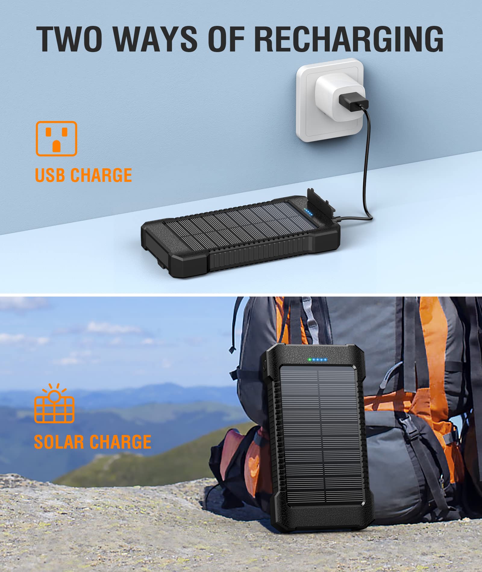 MetFut 3-Pack Solar Power Bank 38800mAh, Solar Charger with Suction Cup Mount Three Modes Flashlight-Steady/SOS/Strobe IPX7 Waterproof External Battery Pack 3 USB Charging Ports(blue+orange+black)