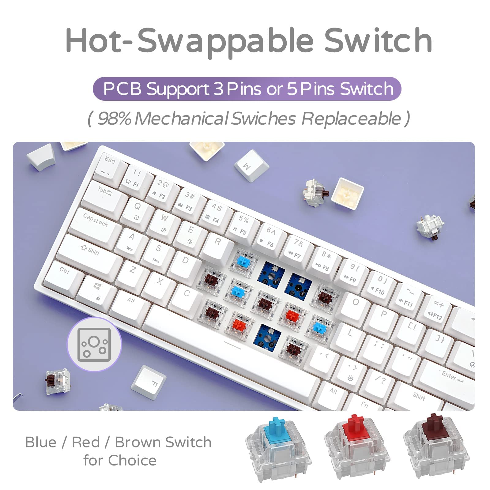 RK ROYAL KLUDGE RK68 Plus Mechanical Keyboard, 2.4Ghz Wireless/Bluetooth/Wired Brown Switch 65% Gaming Keyboard, RGB Hot Swappable with Software for Win/Mac