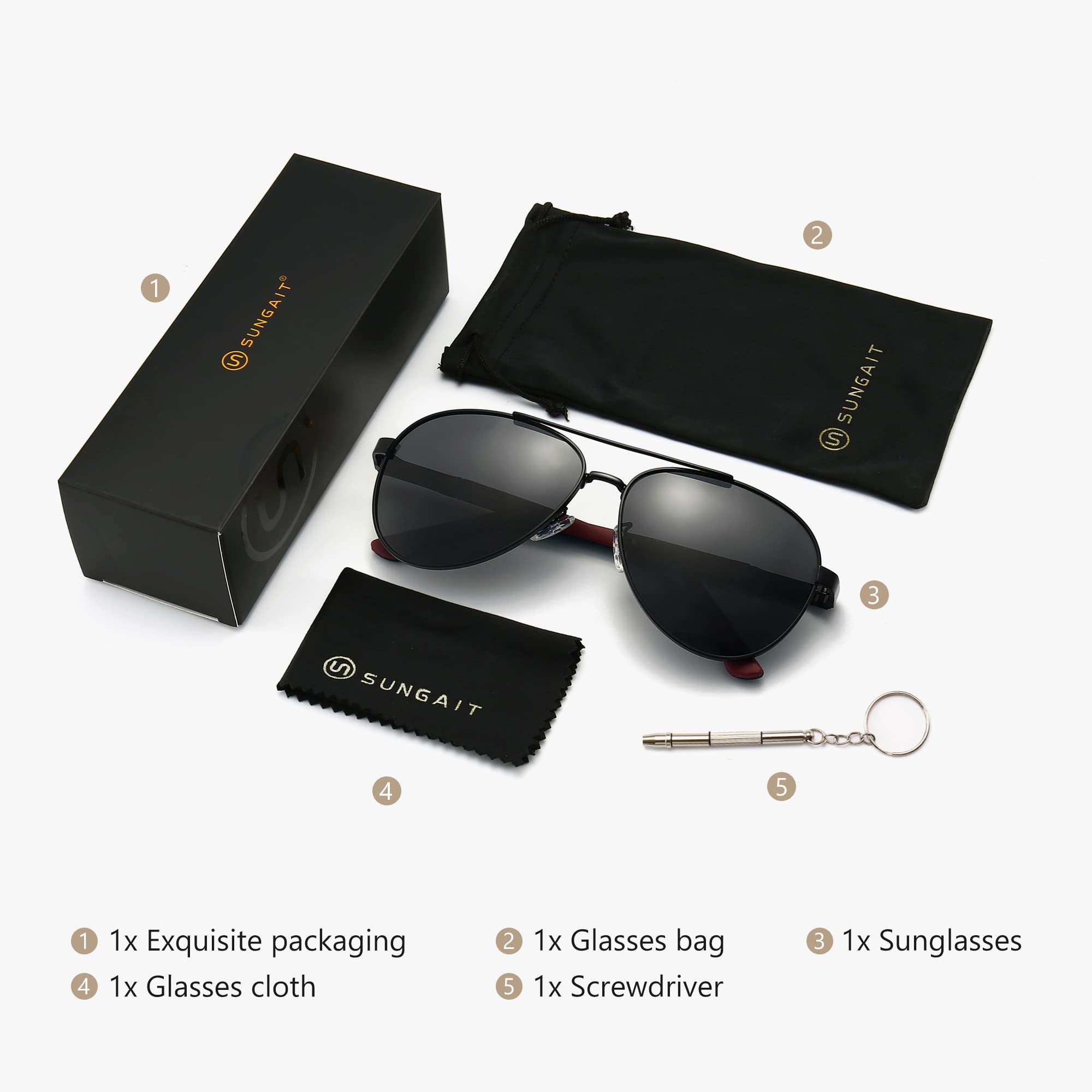 SUNGAIT Fashion Polarized Aviator Sunglasses for Men Women Classic UV Protection Pilot Shades w/Spring Hinge (Black Frame/Grey Lens, 59)