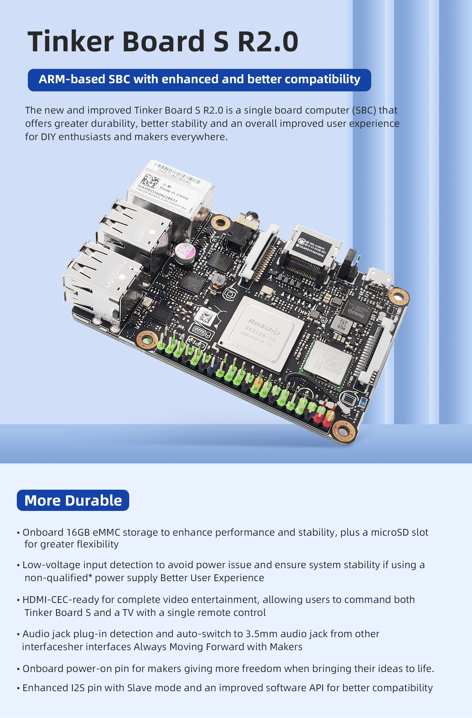 youyeetoo Tinker Board S R2.0 16GB EMMC Single Board Computer,Suppor Android 11/Debian/retropie/kodi, onboard WiFi/BT4.2/Audio Jack/LAN for AIoT Outdoor Advertising Machine(2GB RAM/Ver.A)