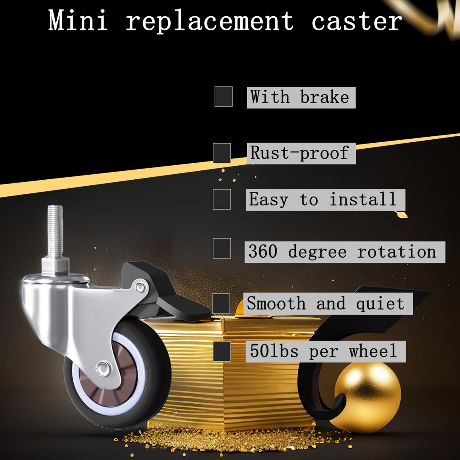 MSWY 1.5" Tiny Threaded Stem Caster Wheels with Brakes,1/4"-20x1" Heavy Duty Low Profile Swivel Replacement Castors for Small Mini Shopping Carts & Funiture, 50lbs per Wheel Set of 4