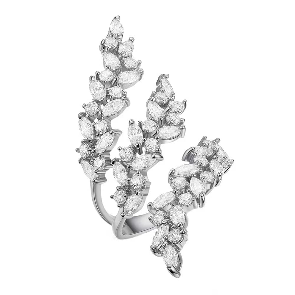 Rhinestone Leaf Climber Wrap Finger Band for Women Girls CZ Crystal Elegant Flower Open Layered Statement Rings Promise Engagement Rings Wedding Bands Jewelry Gifts