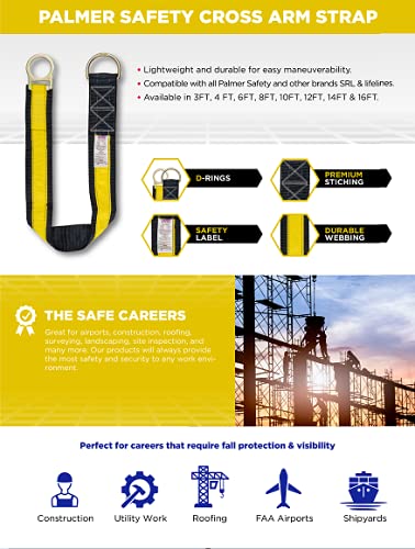 Palmer Safety Fall Protection Safety 4' Cross Arm Strap I 3β Wide Pass-through with Large D-Ring and Small D-Ring I ANSI OSHA Anchorage Sling Compliant Fall Arrest System