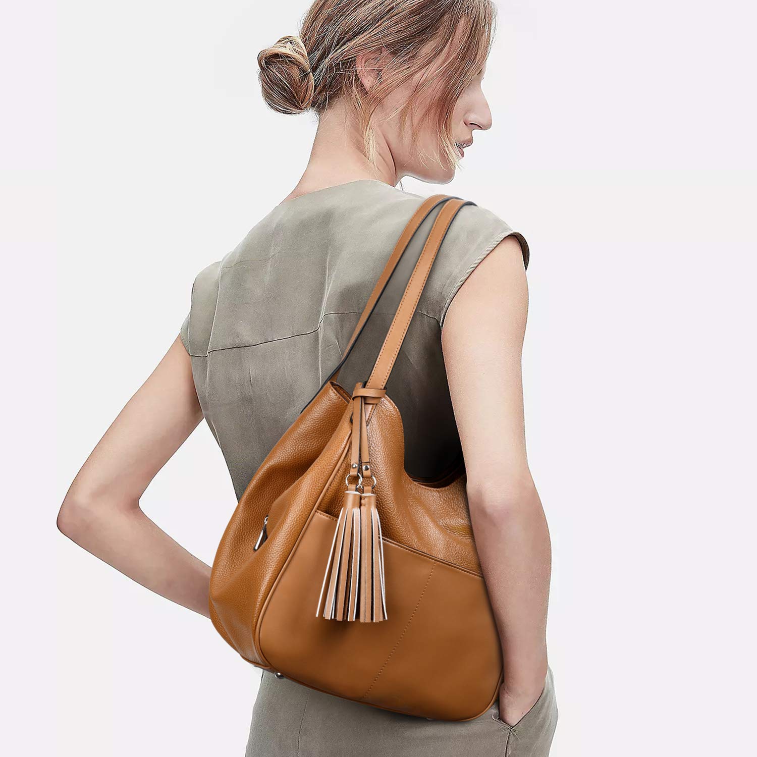 S-ZONE Women Shoulder Bag Leather Hobo Purses Medium Handbags Multi-pocket Tote with Tassel