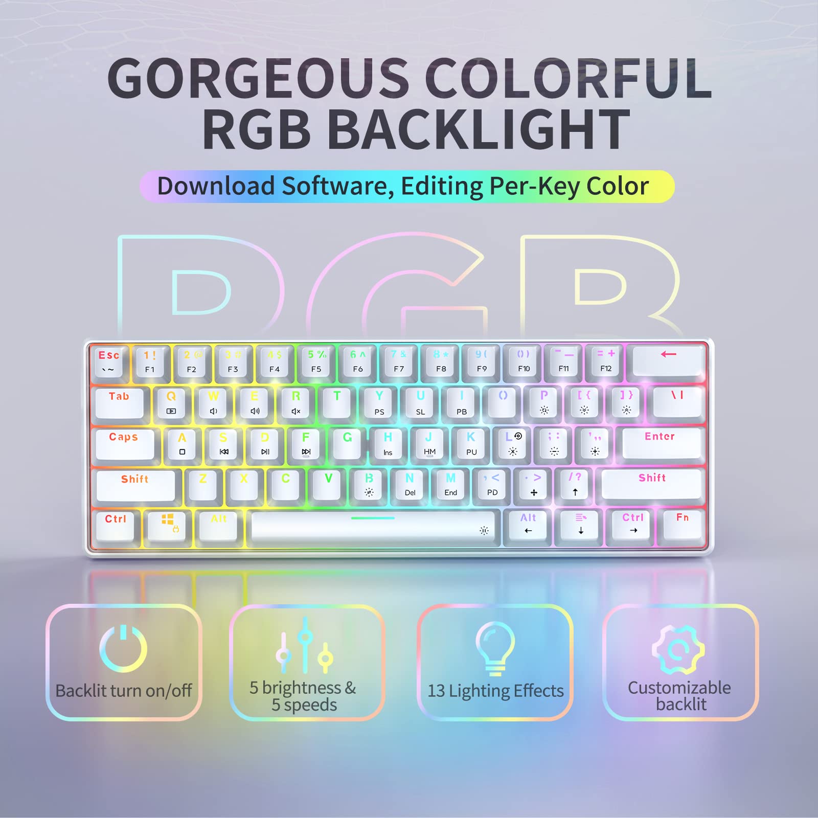 Punkston TH61 60% Mechanical Gaming Keyboard,RGB Backlit Wired Ultra-Compact Mini Mechanical Keyboard Full Keys Programmable White (Optical Blue Switch)