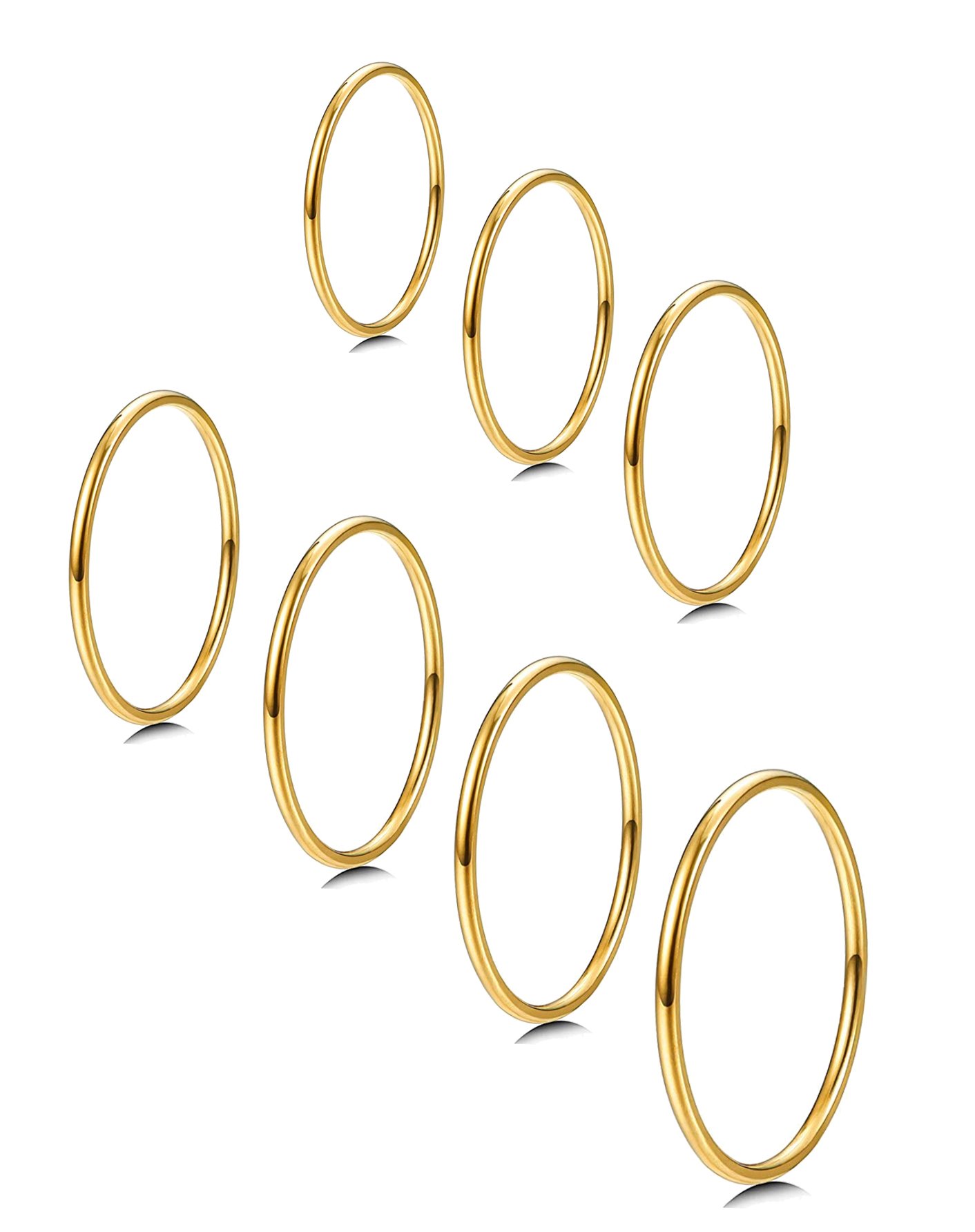 MILACOLATO Gold Rings for Women | 1mm Thin Stainless Steel Bands Rings | Midi Thumb Pinky Toe Stacking Kunckle Rings 7Pcs | Rounded Comfort-Fit Size 3/4/5/6/7/8/9