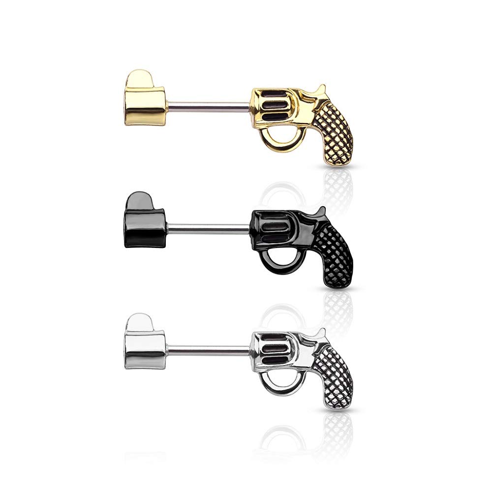 Pierced Owl 14G Stainless Steel Revolver Pistol Nipple Barbells, Sold as a Pair (Black)