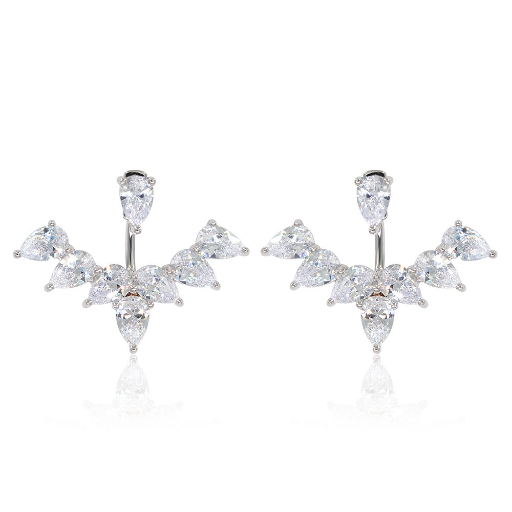 Marquise & Round Brilliant Cubic Zirconia Floral Front Back Jacket Earrings Plated in White Gold