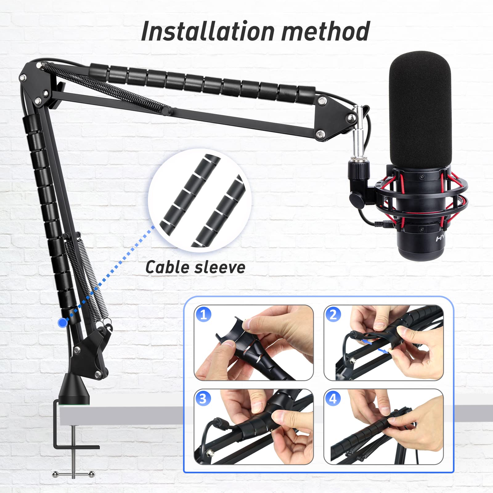 SUNMON HyperX QuadCast Boom Arm,Adjustable Suspension Microphone Boom Arm for HyperX QuadCast, QuadCast S Boom Arm – Upgrade C Clamp, 2 Cable Ties, Pop Filter Cover Compatible with HyperX Microphone