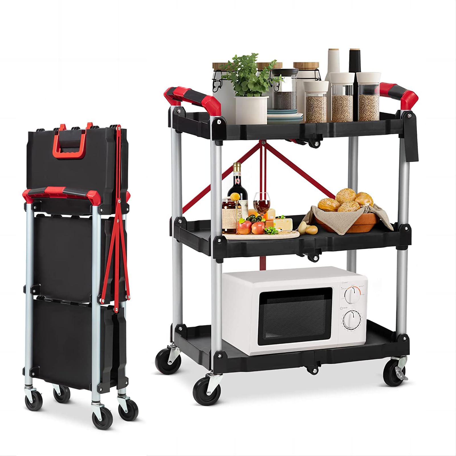 Portable Folding Service Cart, 3-Tier Fold Up Rolling Cart, Collapsible Push Cart with Wheels, 56 Lbs Load Capacity per Shelf Folding Utility Carts for Home/Office/Warehouse
