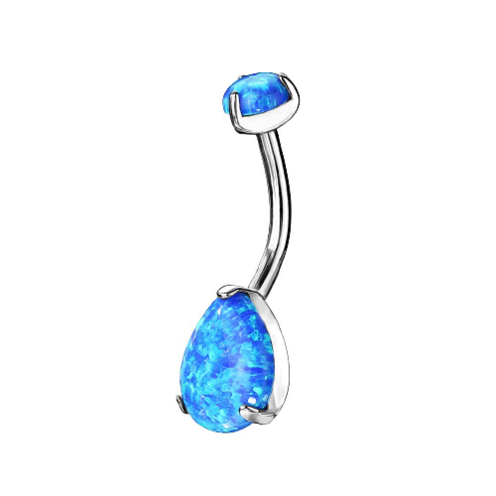 Pierced Owl 14GA G23 Implant Grade Titanium Internally Threaded Top Prong Set Pear Shaped Double Synthetic Opal Belly Button Ring (Blue)