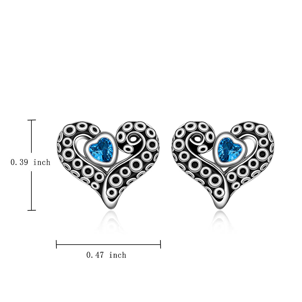Tentacle Earrings for Women Sterling Silver Blue Heart Cubic Zirconia Ocean Black Octopus Tenticles Earrings Studs Gifts for Her