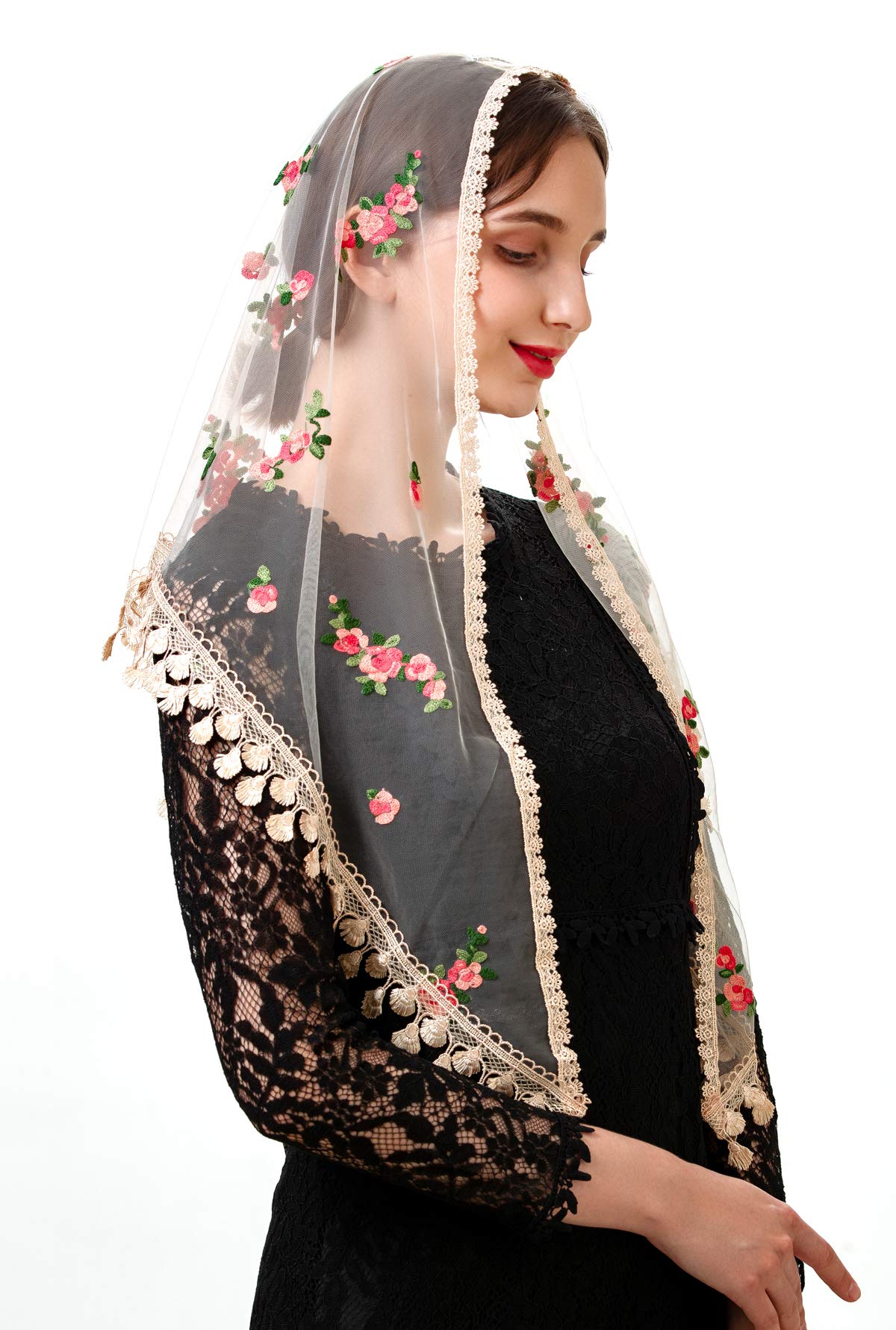 PAMOR Triangle Little Flower Chapel Veils Embroidered Scarf Shawl Latin Mass Head Covering Mantilla Veil for Church (Champagne Rose)
