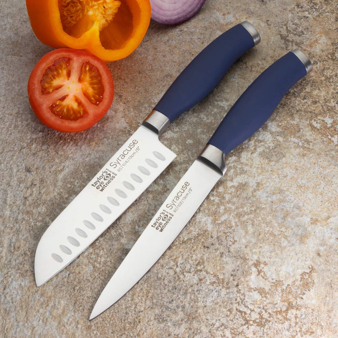 Taylors Eye Witness Syracuse Asian Kitchen Knife Set - Chefs Santoku 13cm/5β & Cooks All Purpose 13cm/5β Cutting Edge, Multi Use. Ultra Fine, Razor Sharp Blade. Soft Textured Grip Denim Blue Handle.