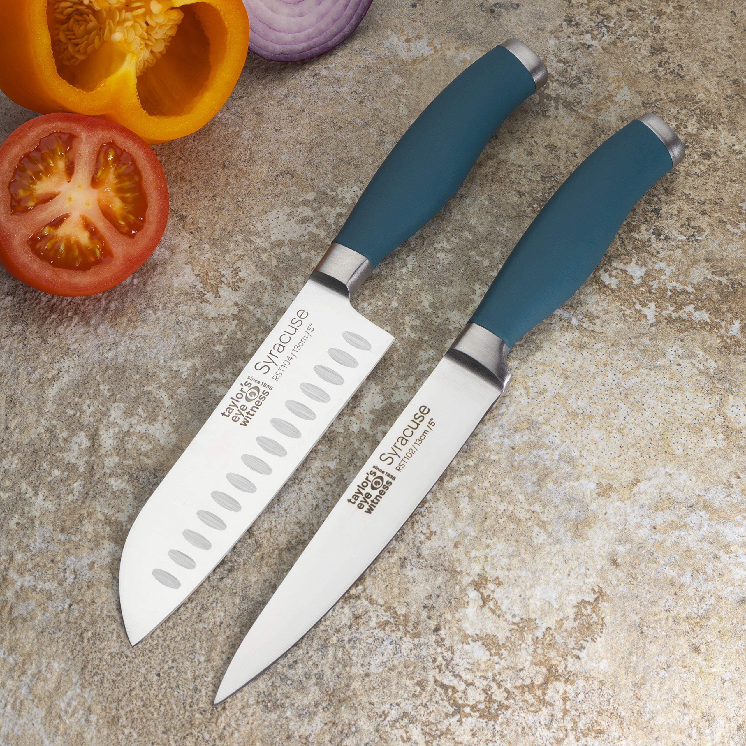 Taylors Eye Witness Syracuse Asian Kitchen Knife Set - Chefs Santoku 13cm/5β & Cooks All Purpose 13cm/5β Cutting Edge, Multi Use. Ultra Fine, Razor Sharp Blade. Soft Grip Air Force Blue handle.