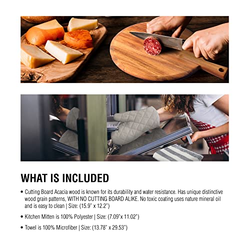 Vees Goods Acacia Wood Cutting Board with Handle - Kitchen Round Cutting Board Set includes Glove and Towel - Great Use for Pizza, Charcuterie, Chopping Board - Size (15.9β x 12.2β)