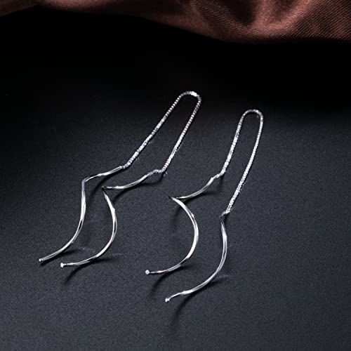 SLUYNZ 925 Sterling Silver Threader Dangle Earrings Twist Shape for Women Teen Girls Linear Dangle Curved Tassel Earrings (A-Silver)