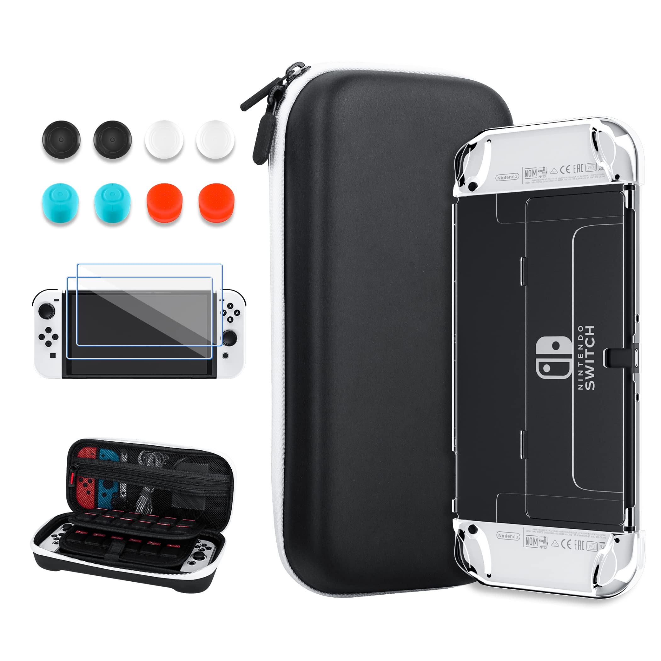 RHOTALL High Capacity Carrying Case Set Compatible with Nintendo Switch OLED, Portable Travel Bag Accessories Storage Case for Switch OLED with Protective Case, 2 Screen Protector and 8 Thumb Caps