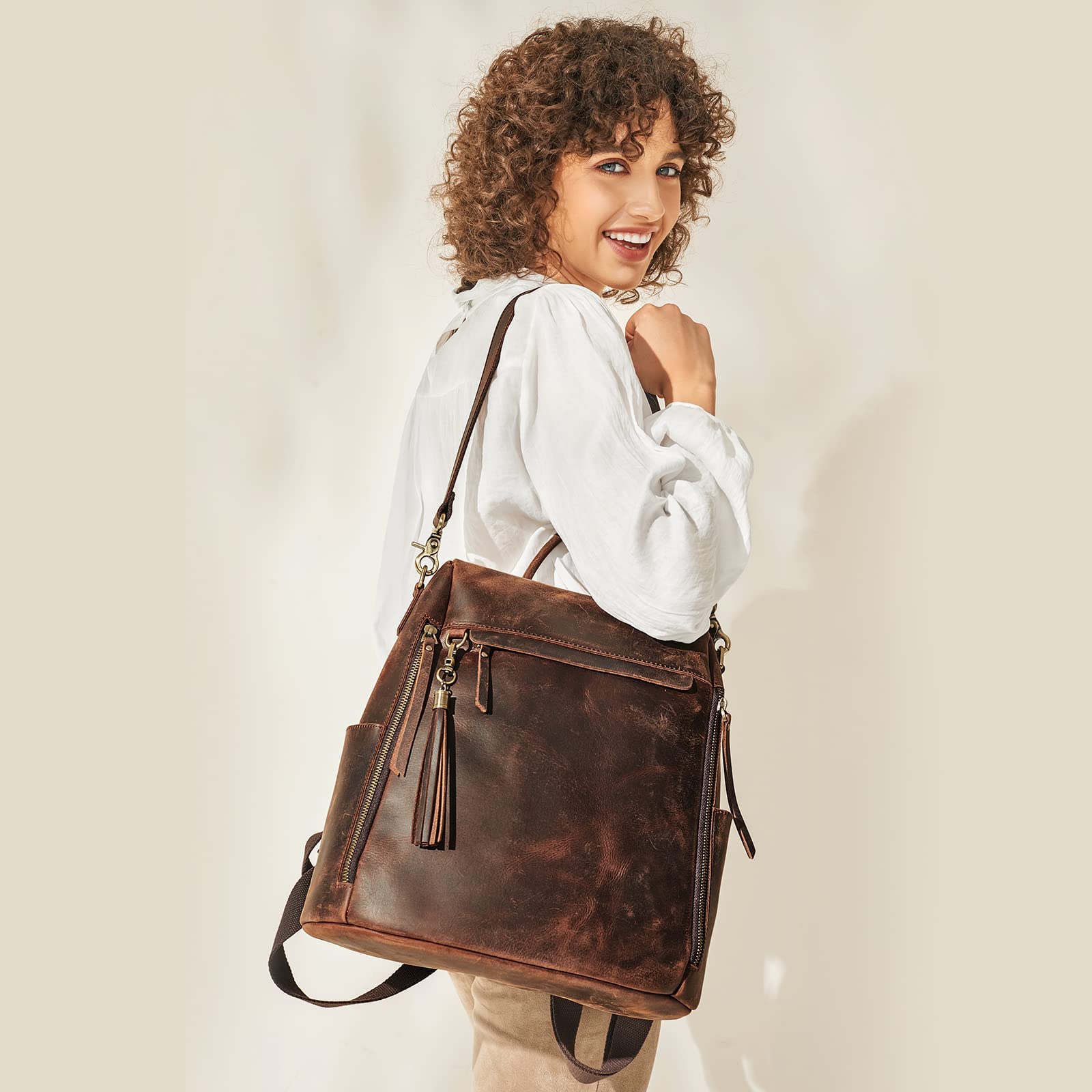 S-ZONE Women Vintage Genuine Leather Backpack Purse with Clutch Bag