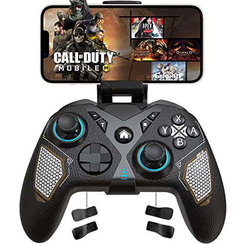 Wireless Controller for iPhone/Android/Switch/PC Gamepad Joystick, Custom Turbo Key, Detachable 4 Programming Back Button, RGB LED Light, PU Leather, with Phone Clip, Call of Duty, Diablo Immortal