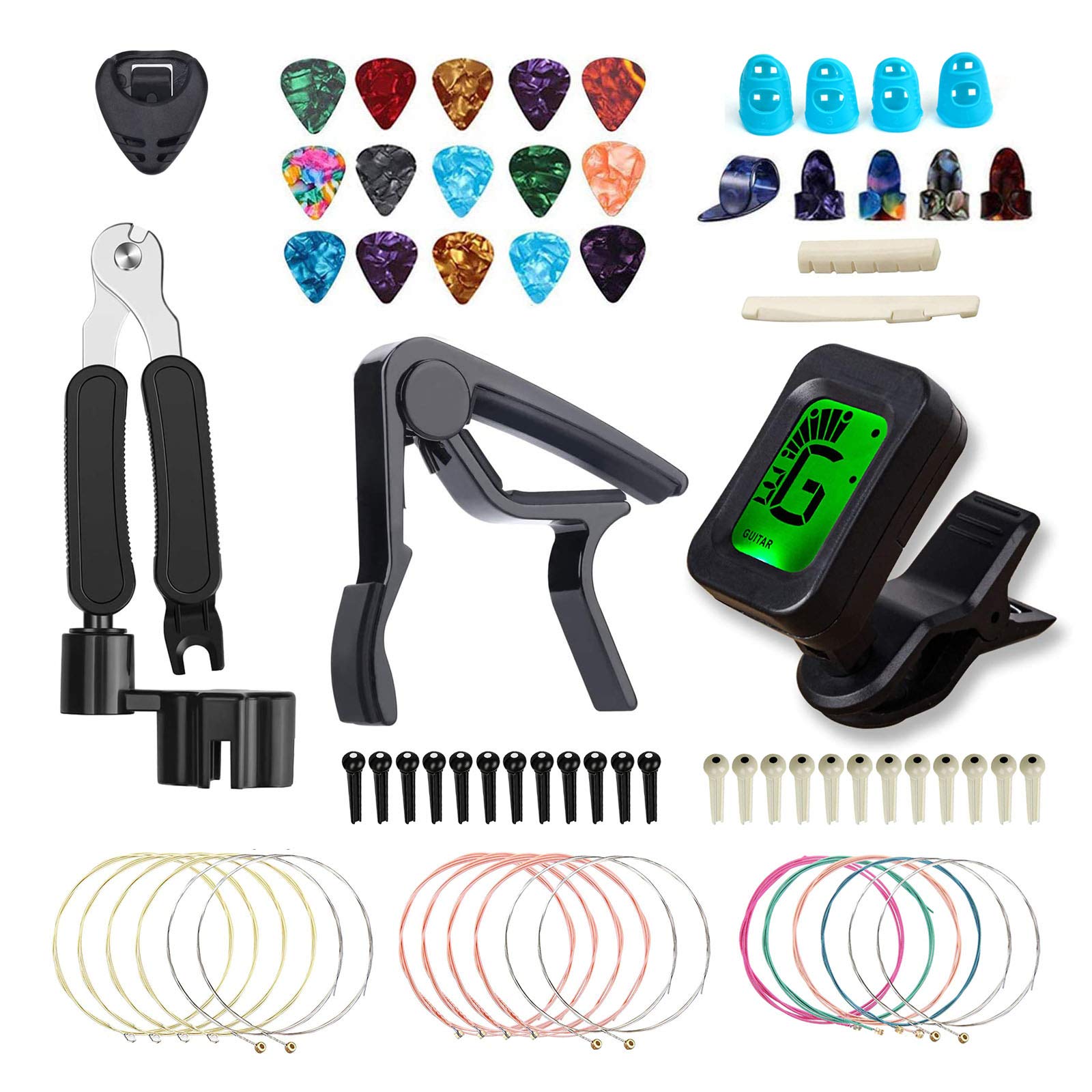 MIHOOE Guitar Accessories Kit with Guitar Tuner,Guitar Capo,3-in-1 Rering Tool,Pick Holder,Guitar Picks,Finger Protectors,Thumb Finger Picks, Guiter Bridge Pins,Guitar Nuts,Guitar Saddles