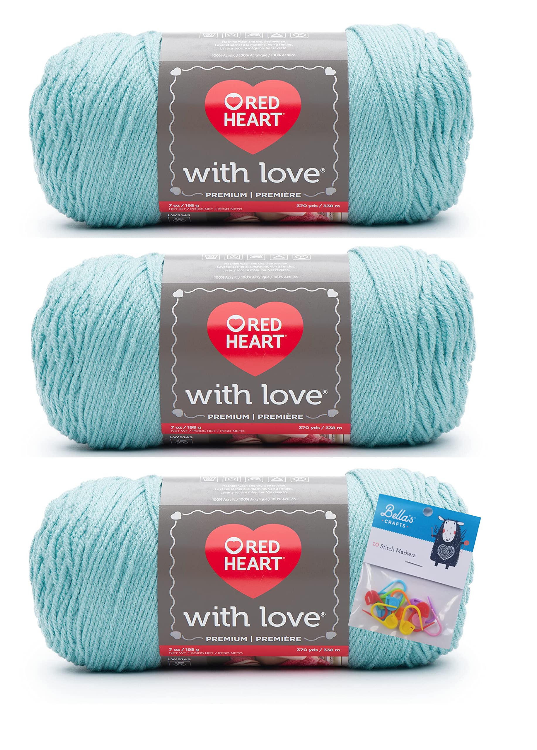 Red Heart with Love Yarn - Iced Aqua - 3 Pack Bundle with Bella's Crafts Stitch Markers