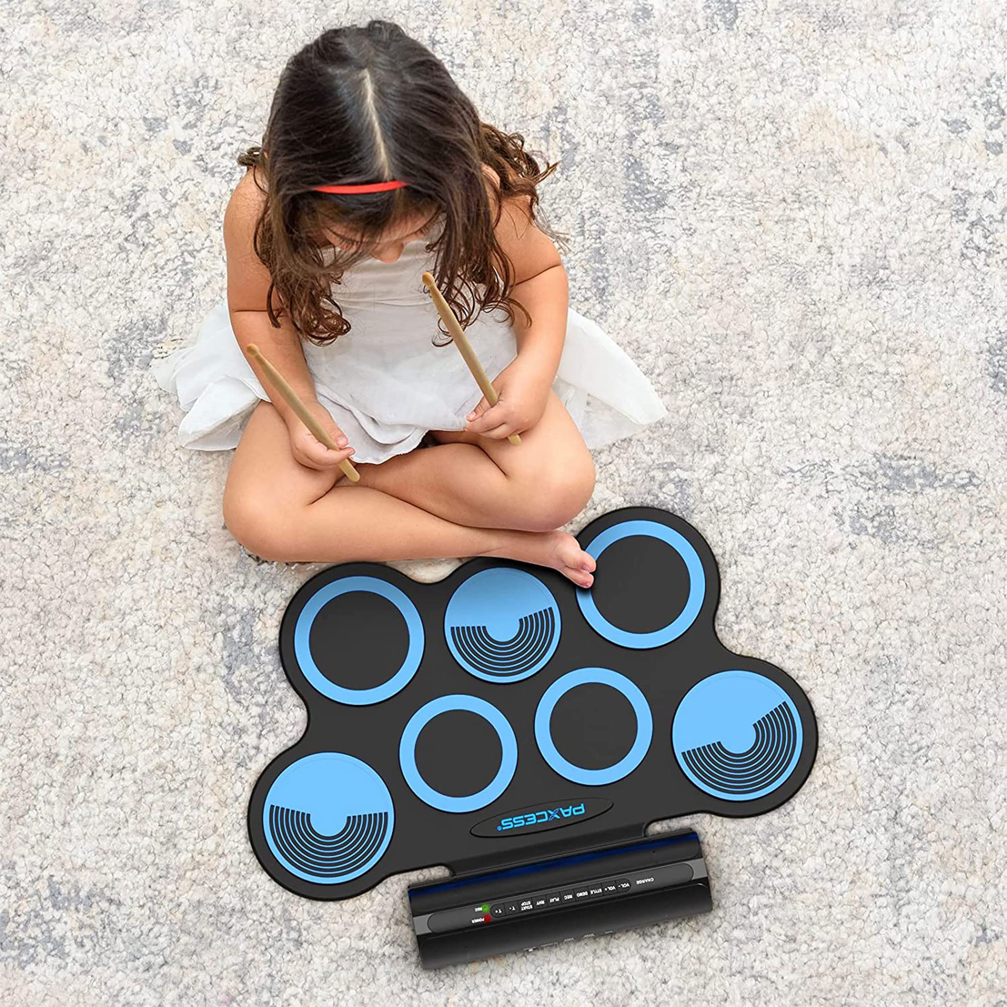 PAXCESS 7 Pad Portable Electronic Drum Set with Headphone Jack, Built-in Speakers, Drum Stick, Foot Pedals, Rechargeable Battery, and Charger