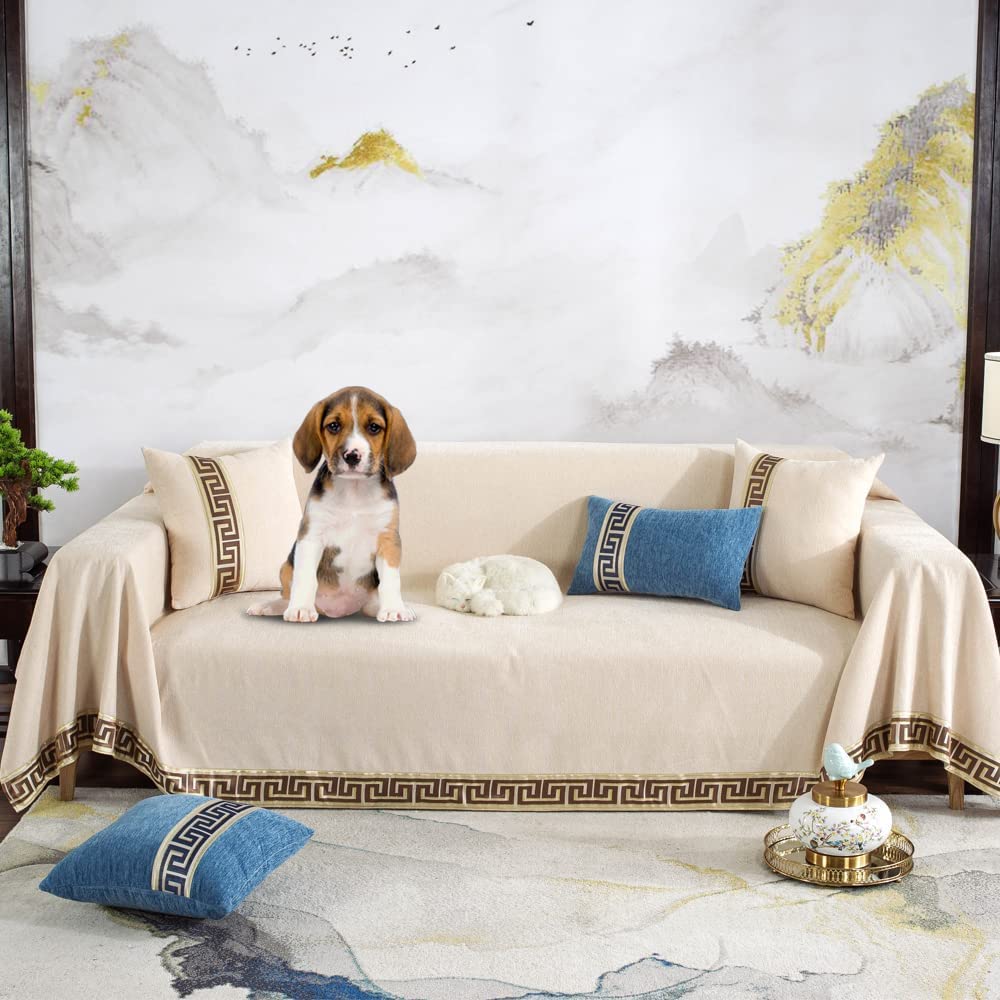 ROOMLIFE Solid Color Beige Chenille Couch Cover Soft Cozy Sofa Covers Sofa Slipcovers for Dogs Cat Pets Multifounction Furniture Protector Blanket Sofa Slipcovers,71"X118"