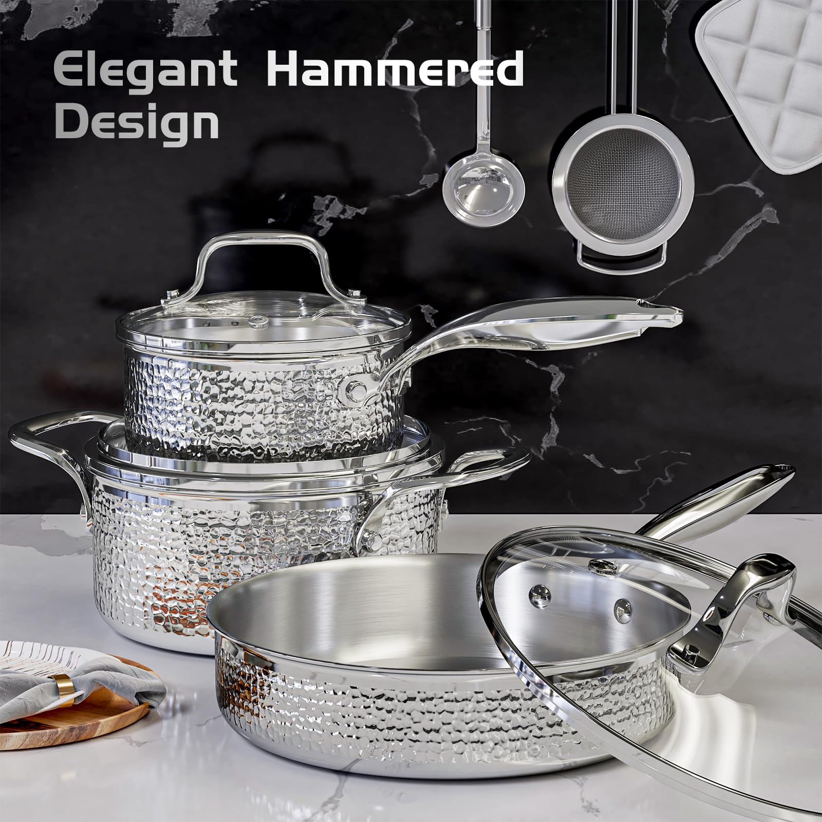 Nonstick Pots and Pans Set, Brown Granite Induction Cookware Set with Stay-Cool Handles, Non Stick Cooking Pot and Pan Set Compatible with All Cooktops, Dishwasher Safe, PFOS, PFOA Free
