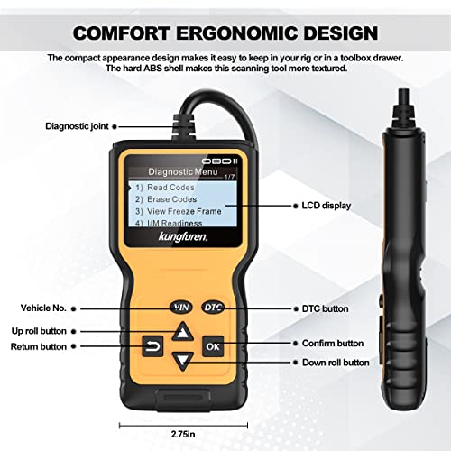 OBD2 Scanner Diagnostic Tool, kungfuren Car Code Reader Auto Diagnostic with LCD Display Screen, Engine Fault Code Scanner for All OBDII Cars After 1996