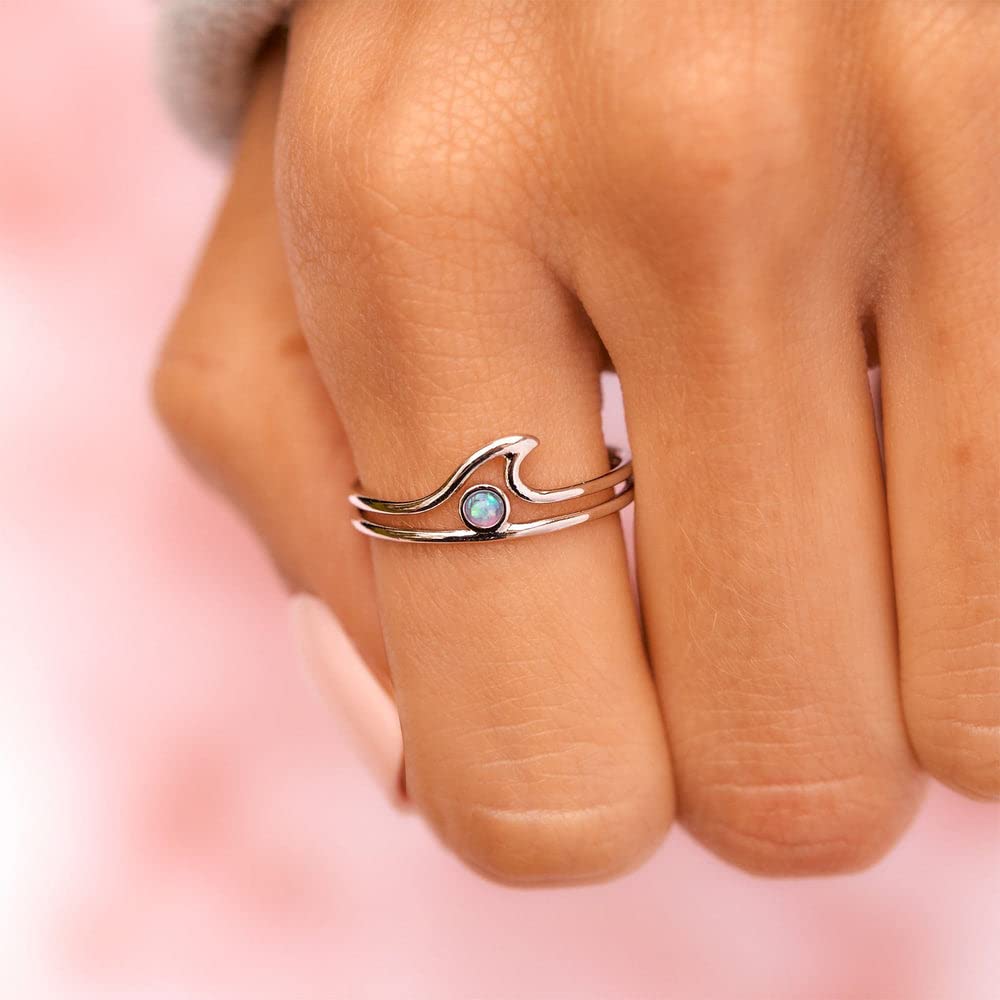 Pura Vida Silver-Plated Opal Wave Ring w/Blue Stone - Brass Base, Stylish Design - Size 8