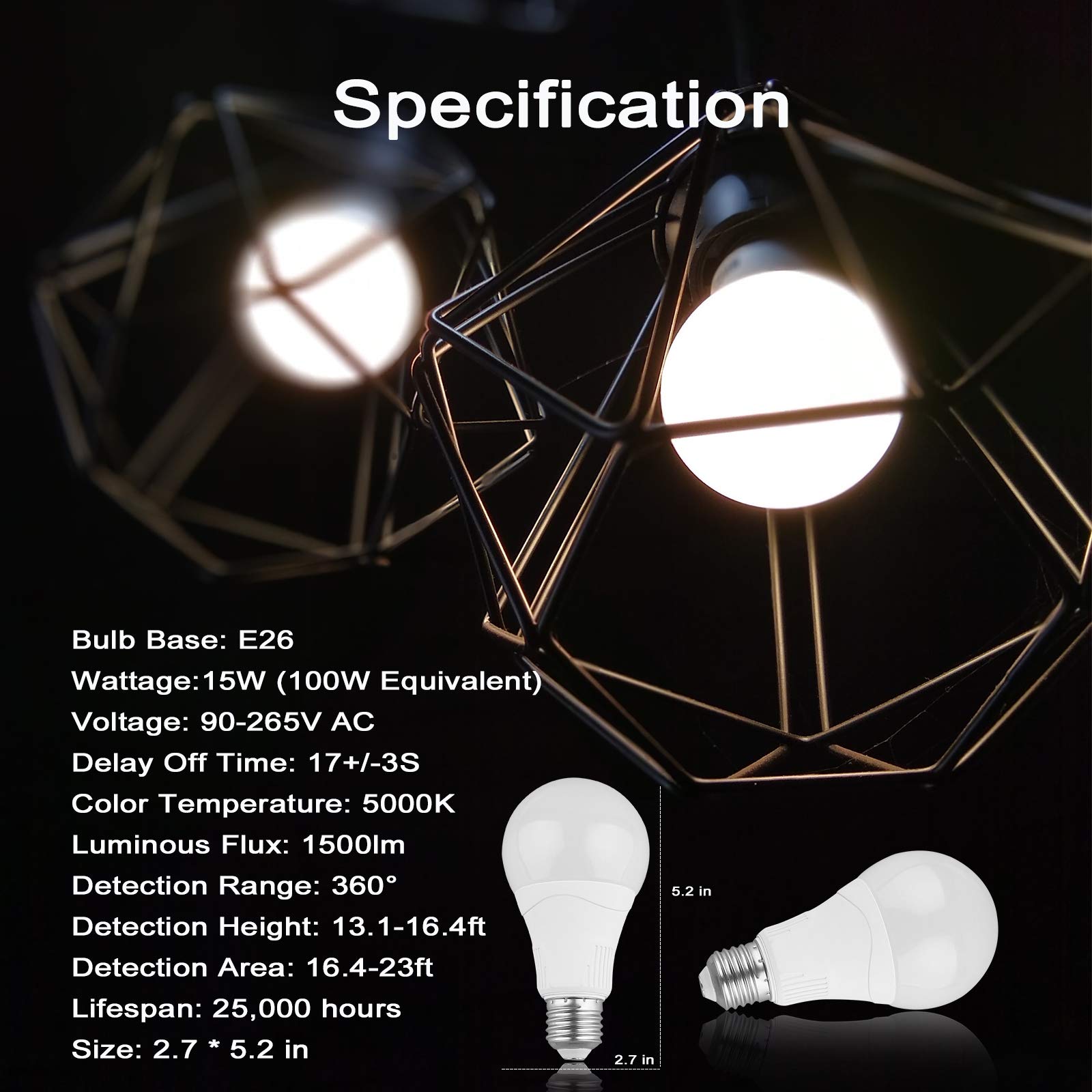 Radar Motion Sensor Light Bulb, 2 Pack A21 15W (100W Equivalent) 1500LM E26 Dusk to Dawn LED Bulbs Outdoor Lighting, Auto Motion Detector Light for Garage, Porch, Driveway, Patio,(Daylight 5000k)