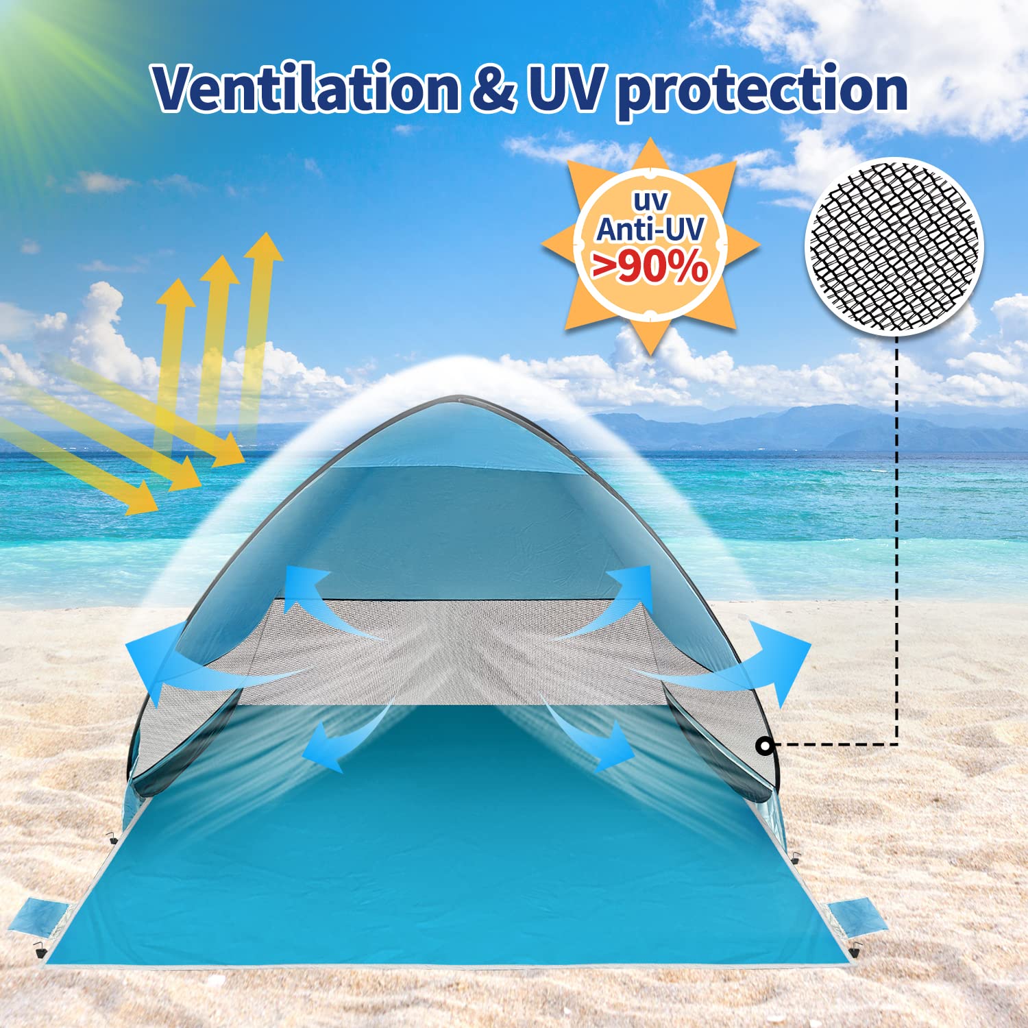 Sutekus Beach Tent Pop Up Shade Camping Shelter Lightweight Beach Canopy Anti-UV Portable Beach Shade Canopy Cabana (Blue)