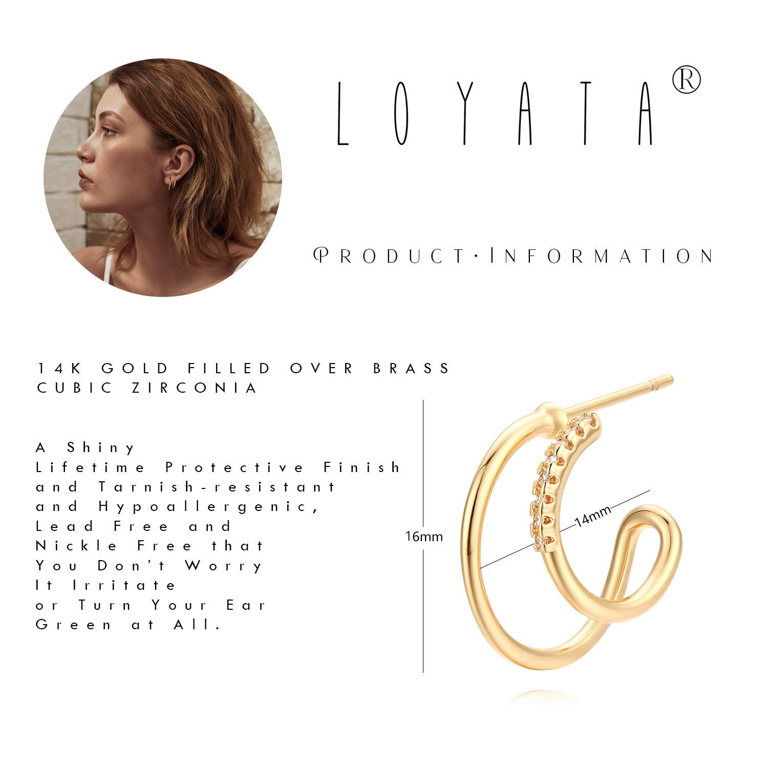 LOYATA Double Hoop Earrings Gold Open C Shape Circle Diamond Cubic Zirconia 14K Gold Filled Small Simple Hypoallergenic Illusion Jewelry Gift for Women