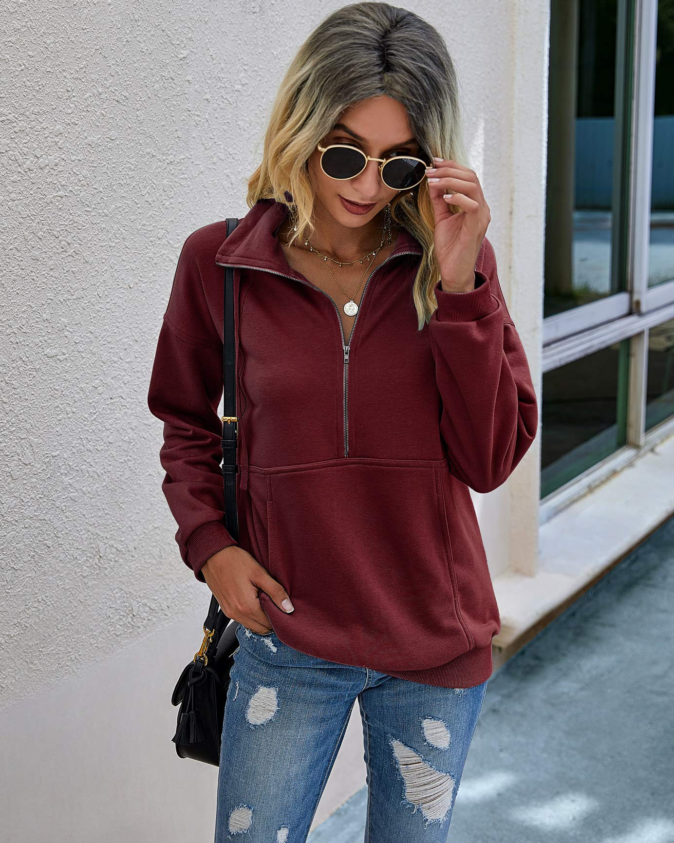 PRETTYGARDEN Women’s Casual Long Sleeve Lapel Zipper Sweatshirt Drawstring Loose Pullover Tops Wine Red