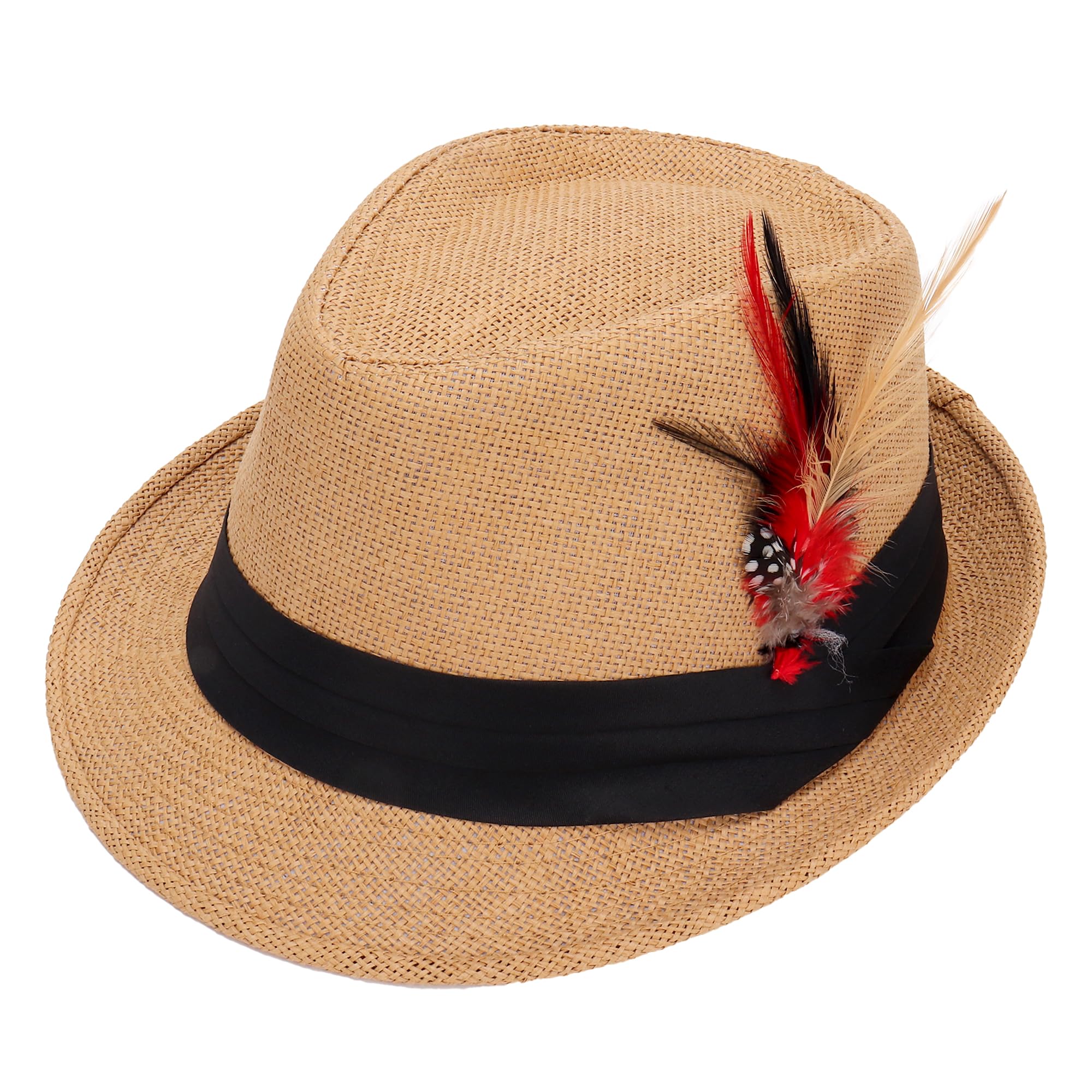 Ultrafun Straw Fedora Hats for Men Women Short Brim Summer Beach Hat with Feathers Band (US, Alpha, One Size, Black)