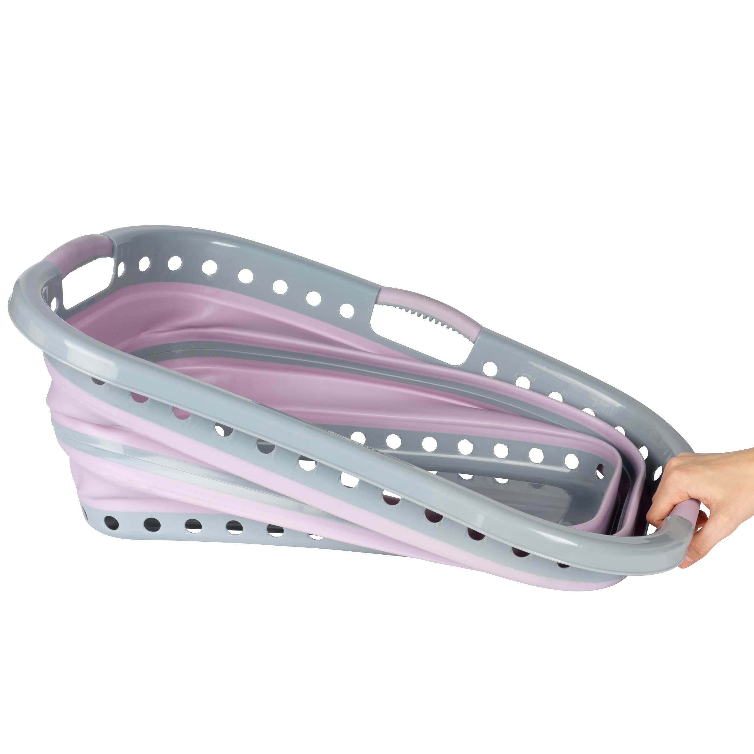 Russell Hobbs LA083555PNKEU7 Collapsible Hip Hugger 37 Litre Laundry Basket, Curved Shape, Non-Slip Handles, Portable & Lightweight, Compact For Easy Storage, Pink