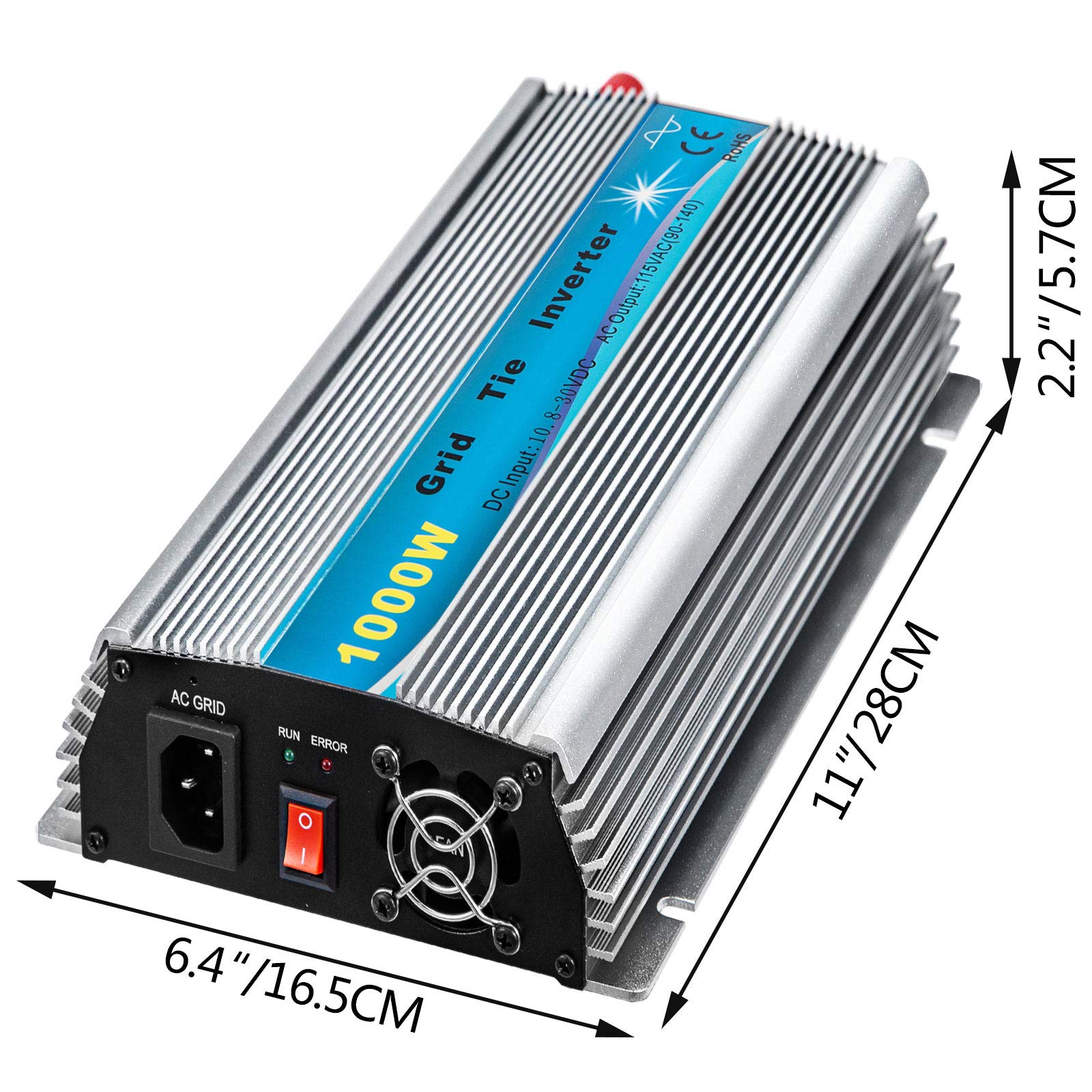 VEVOR Grid Tie Solar Inverter, 1000W MPPT Power Inverter, 50/60 Hz Solar Grid Tie System, Grid Tie Inverter, DC10.8-30V Input to AC90-140V Output Wind Turbine Grid Tie Inverter for Solar Panel System