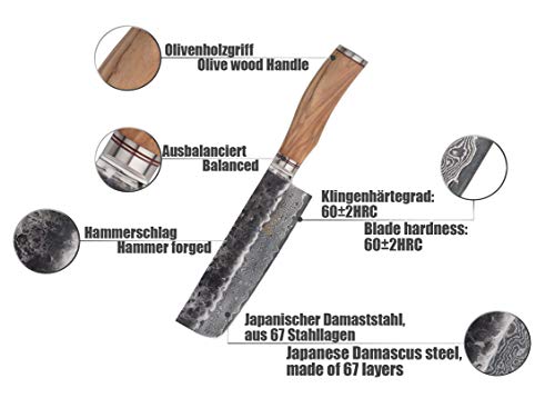 Wakoli Damascus Nakiri knife 6.9-inch blade extremely sharp from 67 layers genuine Japanese Damascus steel with a black hammer and olive wood handle, Olive HS Series