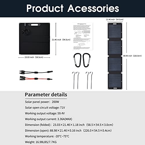 Portable monocrystalline Silicon Solar Panel, Black Appearance, high Light Transmittance, 200W, can be Connected in Series or in Parallel, Multiple Charging Modes(for SKA100/SKA1500/SKA2500)