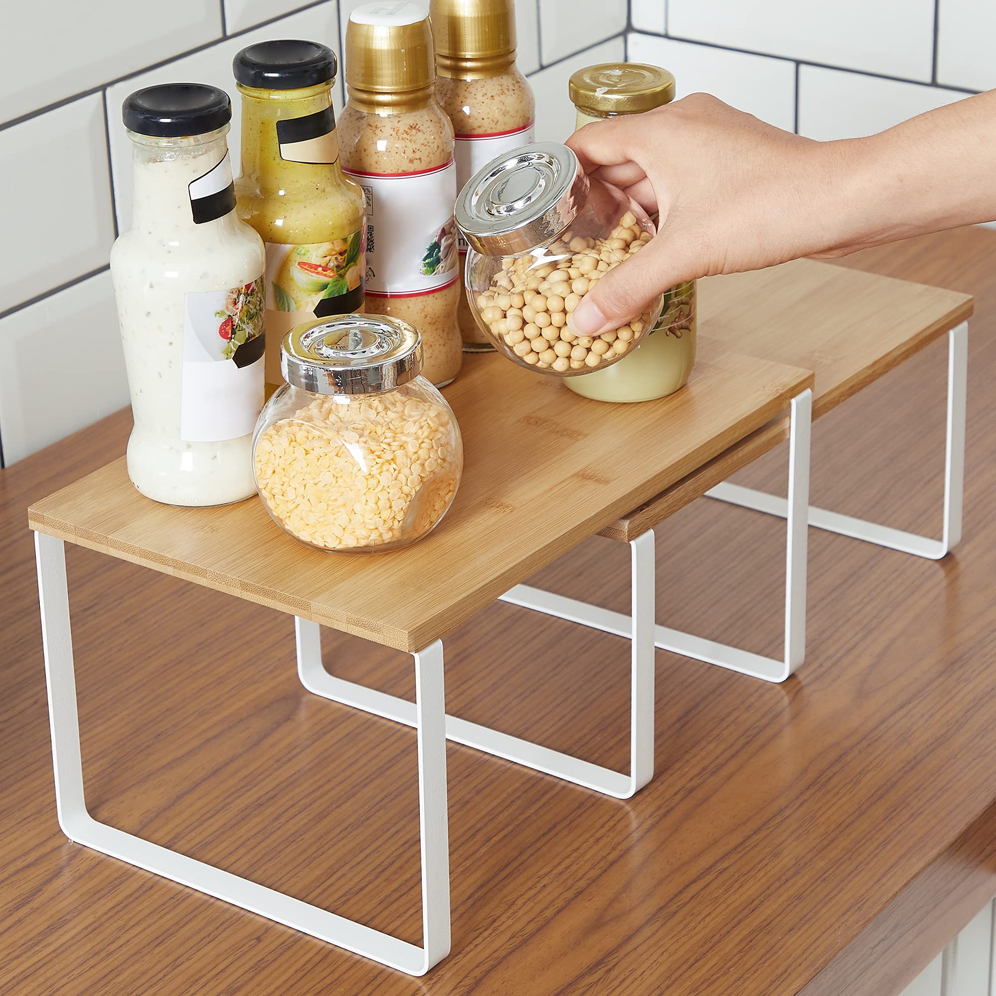 SONGMICS Bamboo Shelf Organizers and Metal Shelf Organizers Bundle, Stackable, Expandable Kitchen Shelves, Silver, Natural and White UKCS01SV and UKCS02NW