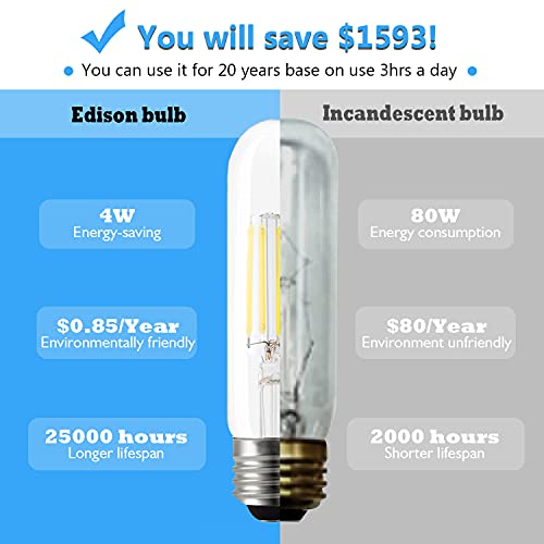 SANCARDY Tietare T10 LED Bulbs Daylight 4000K, Dimmable Tubular Light Bulbs 40 watt, Tubular LED Light Bulbs 4W E26 Medium Base, LED Filament Light Bulbs 40 watt for Desk Lamp, Pendant Lights(3-Pack)