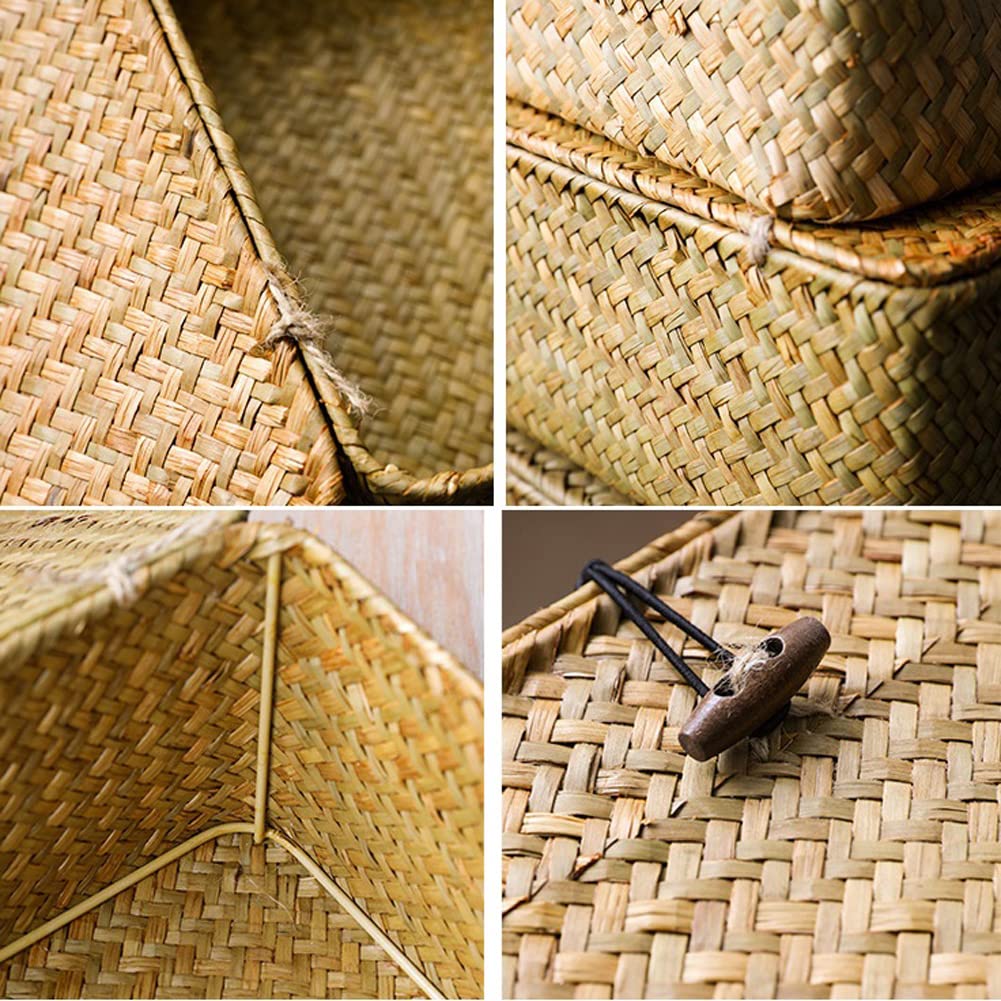 Shelf Storage Baskets with Lid Set of 2 Handwoven Rectangular Box with Cover Household Organizer Seagrass Woven Storage Bins Wicker Basket for Shelf (Natural)