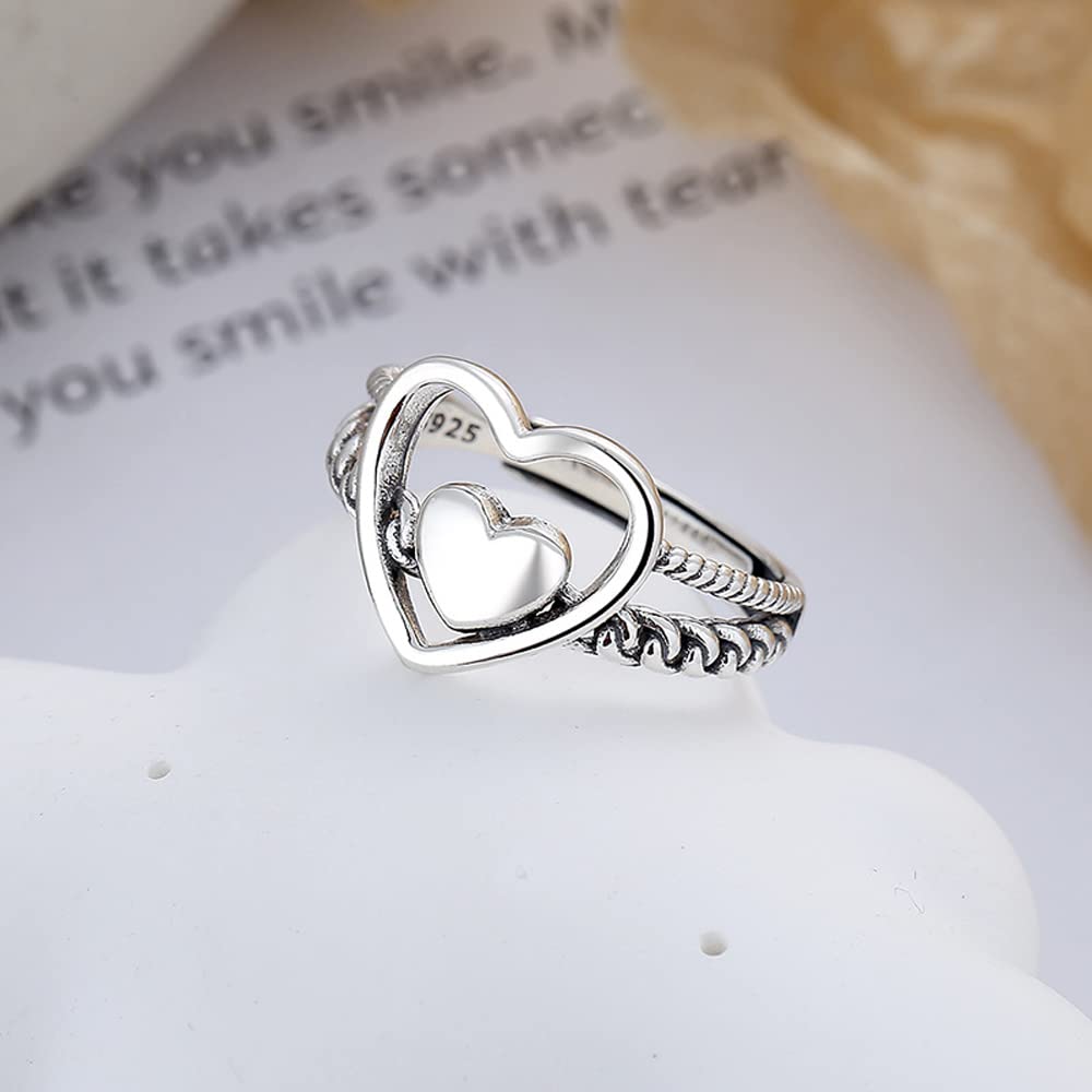S925 Sterling Silver Women's Open Heart Stacked Braided Heart Open Adjustable Ring