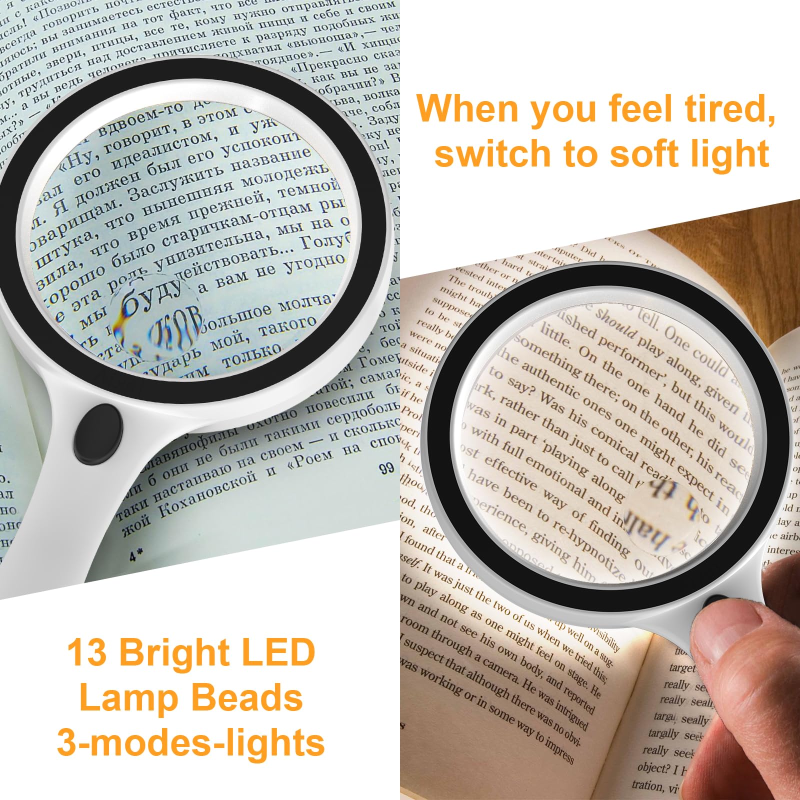 PMMA Lens Magnifier with Light 0.23lb Light weigth 5X 10X Handheld Large Magnifying Glass with 3 Modes Lighting 13 LED Lamp Beads