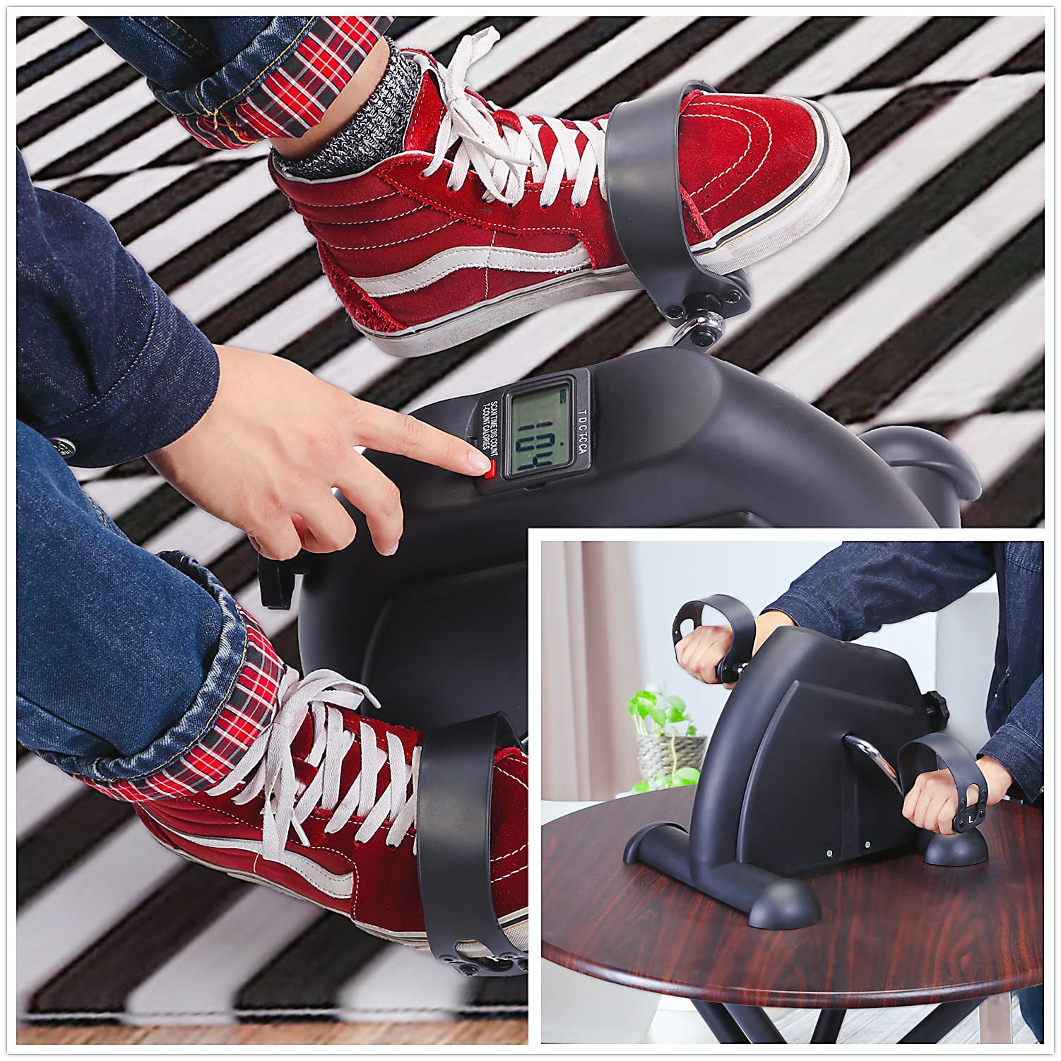 Sandinrayli Pedal Exerciser, Under Desk Mini Exercise Bike, Portable Floor Bike Arm & Leg Pedal Exerciser with Multi-Function LCD Monitor, Black