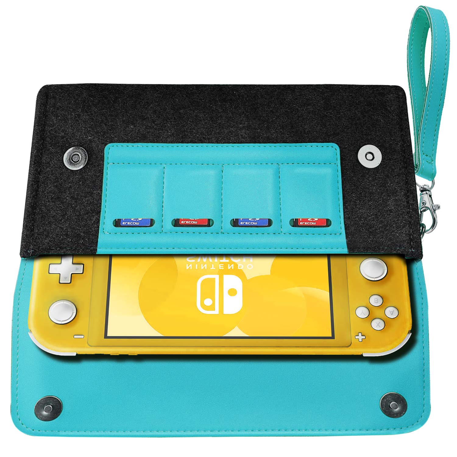 Polaland Switch Lite Felt Case, Portable Carrying Leather Bag Slim Protective Travel Pouch for Nintendo Switch Lite 2019 with 4 Game Cartridges Holders and Magnetic Clasp –Turquoise
